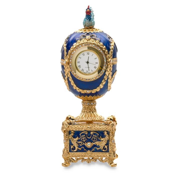 Blue Imperial Egg Clock Musical Trinket Box with Rooster