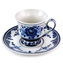 Maria Coffee Cup with Saucer. Blue&White Porcelain. Gzhel