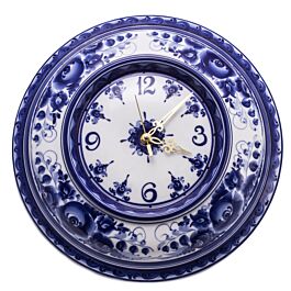 Gzhel Patterns Clock. Blue&White Porcelain. Gzhel