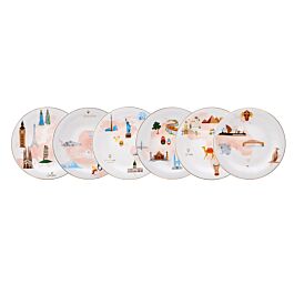 World Map Fine Pearl Porcelain Dessert Plates Set of 6